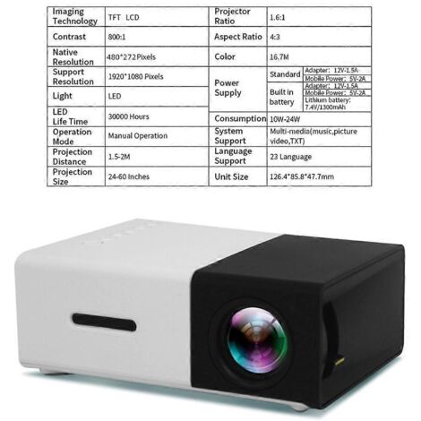 Mini projecteur LED 800 lumens blanc et noir avec prise UK série ...