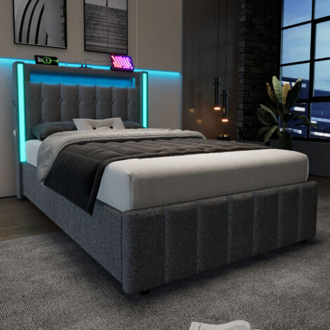 Lit simple en lin gris 90x200 cm avec LED et ports USB-C intégrés ...