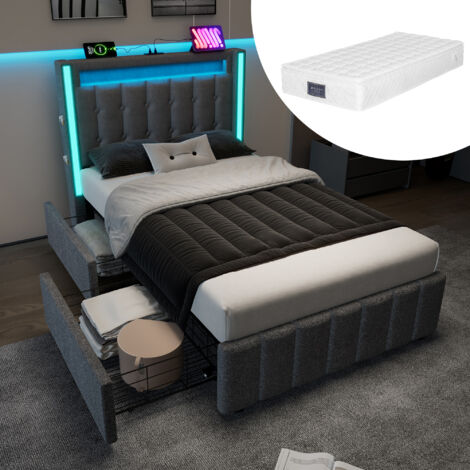 Lit simple en lin gris 90x200 cm avec LED et ports USB-C intégrés ...