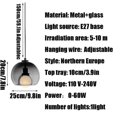 Lustre vintage noir E27 avec abat-jour en verre transparent design ...