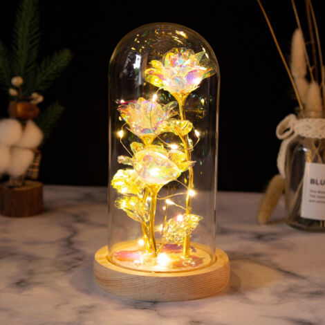 Lampe LED Rose en Verre sur Socle Bois - Fleur Artificielle Lumineuse ...
