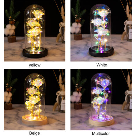 Lampe LED Rose en Verre sur Socle Bois - Fleur Artificielle Lumineuse ...