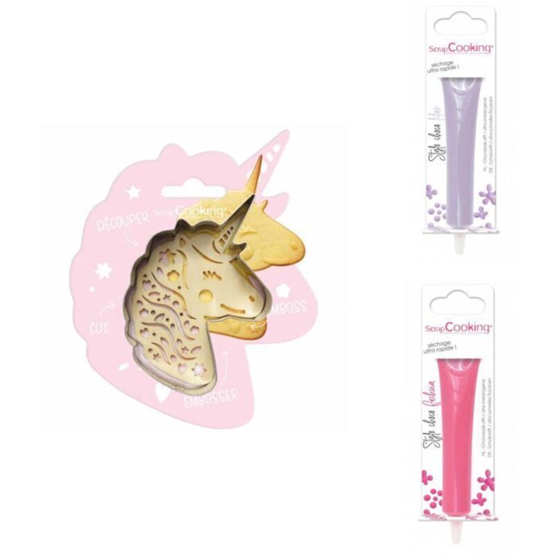 Kit pour biscuit en relief Licorne + 2 Stylos au chocolat lilas et fuchsia