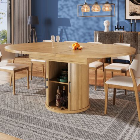 Table de salle à manger ronde et rallonge ovale bois naturel Modèle ...