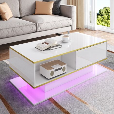 Table basse LED brillante 100 cm dorée avec 3 tiroirs et ports USB ...