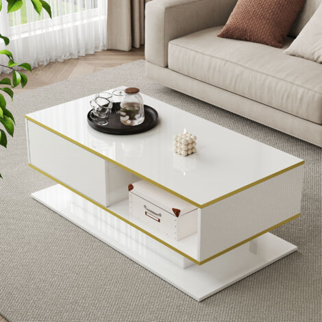 Table basse LED brillante 100 cm dorée avec 3 tiroirs et ports USB ...