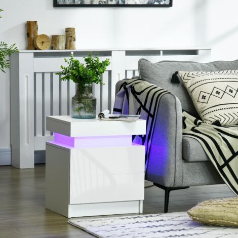 Table de nuit design blanc brillant avec éclairage LED pour le salon ...