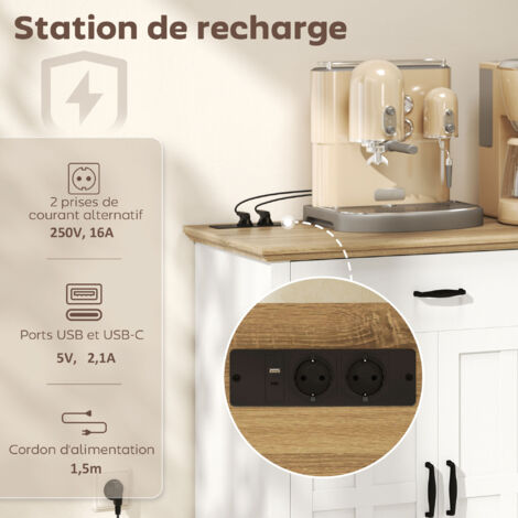 Meuble TV buffet de salon blanc avec chargeur USB et grands placards ...
