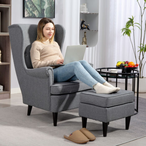 Fauteuil anti mal de dos dossier haut 104 cm avec pouf lin gris ...