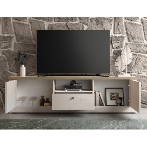 Meuble TV 210 cm chêne naturel YANIS avec grands rangements et niches ...