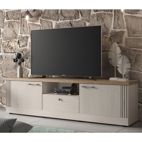 Meuble TV 210 cm chêne naturel YANIS avec grands rangements et niches ...