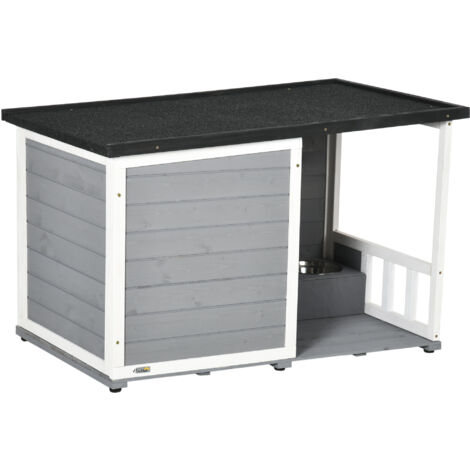 Niche pour chien PawHut en bois massif avec terrasse et 2 gamelles gris ...