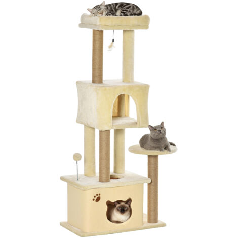 Arbre à chat beige en peluche et jute avec 2 grottes de repos 136cm ...
