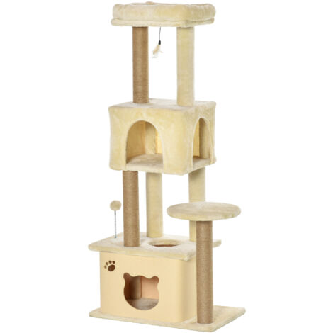 Arbre à chat beige en peluche et jute avec 2 grottes de repos 136cm ...