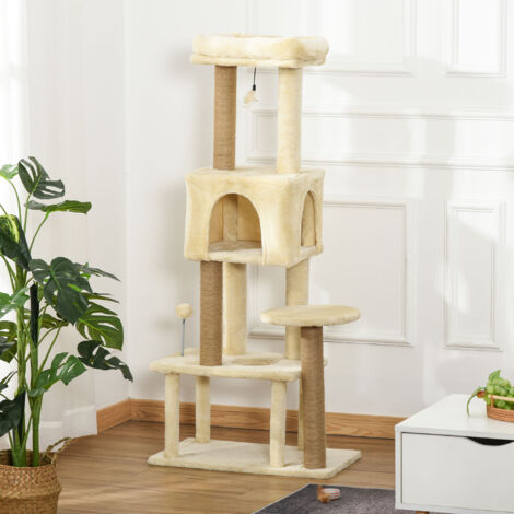Arbre à chat beige en peluche et jute avec 2 grottes de repos 136cm ...
