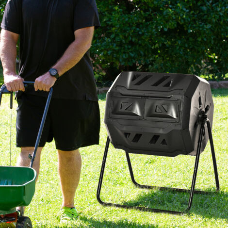 Composteur rotatif double chambre 43 gallons noir pour grand jardin ...