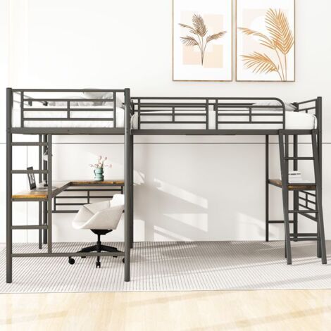 Lit mezzanine SINGULARITY 90x200cm avec bureau et double escalier noir ...