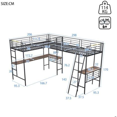 Lit mezzanine SINGULARITY 90x200cm avec bureau et double escalier noir ...