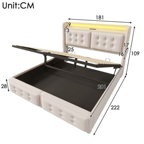 Lit double rembourré avec coffre LED et USB-C sommier 180x200 beige ...