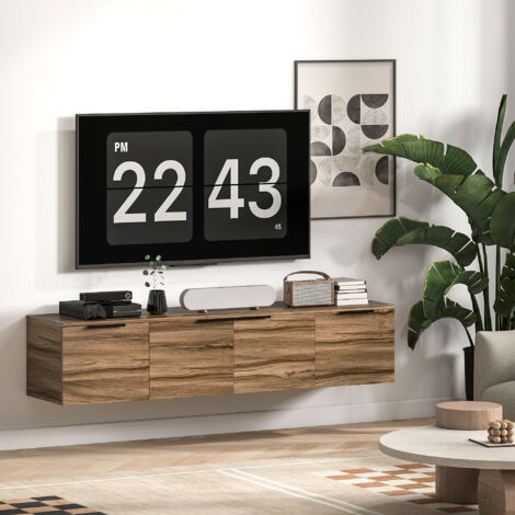 Meuble television suspendu 150 x 35 x 32 cm marron avec 3 placards ...