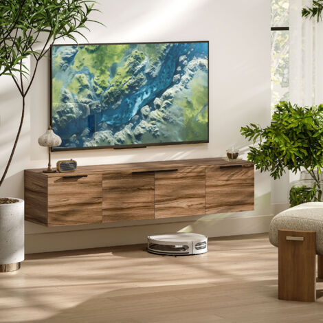 Meuble television suspendu 150 x 35 x 32 cm marron avec 3 placards ...
