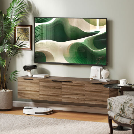 Meuble television suspendu 150 x 35 x 32 cm marron avec 3 placards ...