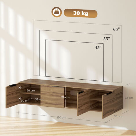 Meuble television suspendu 150 x 35 x 32 cm marron avec 3 placards ...