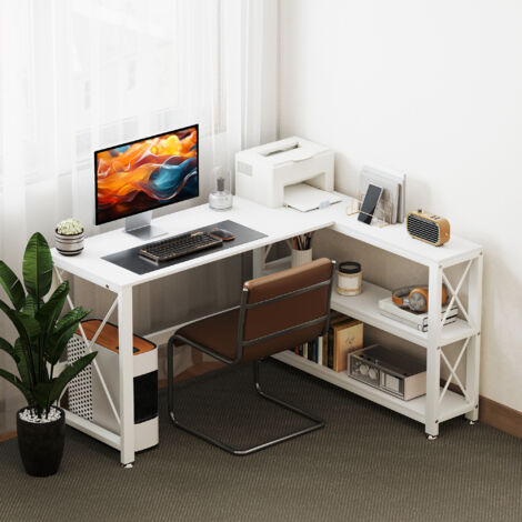 Table de bureau d'angle pour télétravail avec étagère métal blanc ...