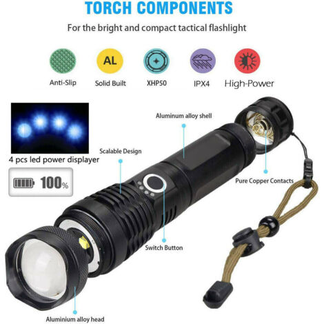 Lampe de poche rechargeable LED P70 zoomable pour la randonnée ...