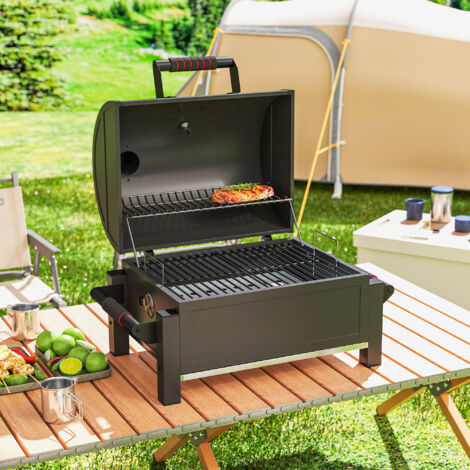 Barbecue chariot au charbon double grille et tablettes de rangement ...