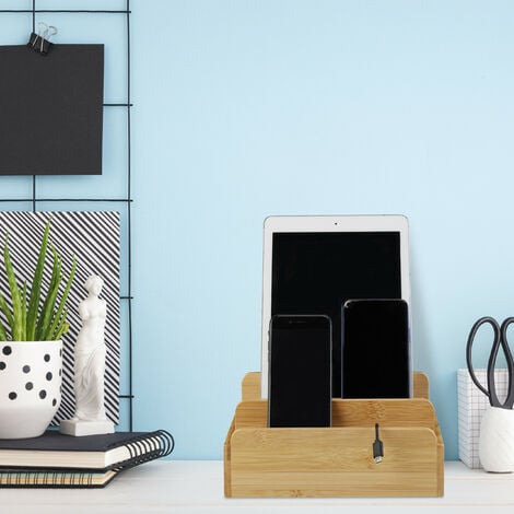 Relaxdays Station de recharge en bambou, plusieurs appareils, tablettes ...