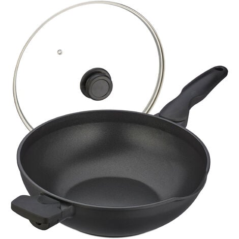 Relaxdays Padella Wok con Coperchio in Vetro, Diametro 30 cm, in ...