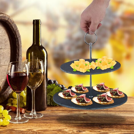 Relaxdays Alzata in Ardesia, Alzatina Dolci, 2 Piatti Centrotavola, Maniglia in Ferro, HxD 23x25 ...