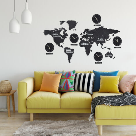 Relaxdays Mapa Mundo Madera con 5 Relojes, 10 Nombres de Ciudades ...