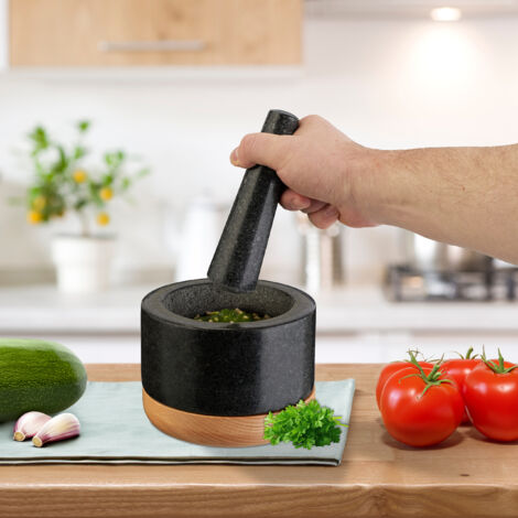 Relaxdays Mortero con Mano, Base de Madera, Granito, 8,5 x 14 cm ...