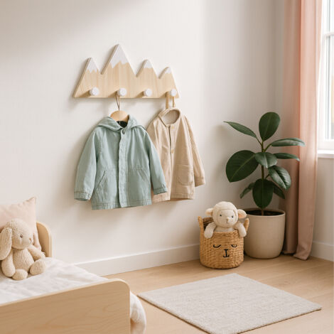 Relaxdays Perchero infantil en diseño de montaña, barra con 4 ganchos ...