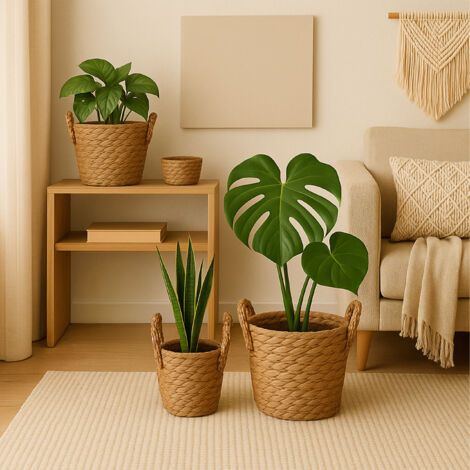 Relaxdays Maceta, juego de 3, caña, macetas con forro y asas, 3 tamaños ...