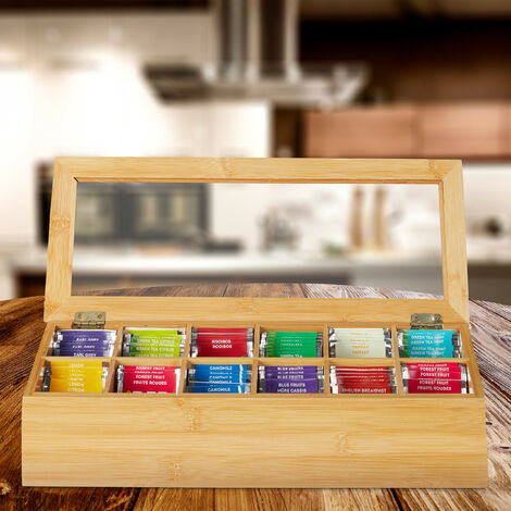 Relaxdays Caja Té, Bambú, 12 Compartimentos, Cajita Infusiones con ...