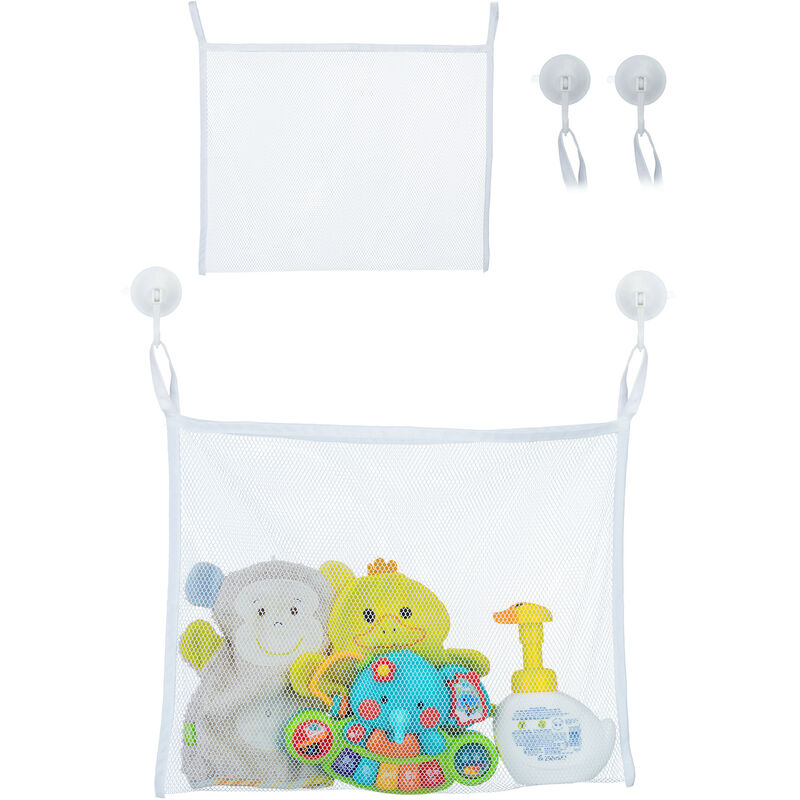 Relaxdays Bath Toy Storage Set of 2 Net Bag with Suction Cups H x W 35 x 45 cm Kids Collector Tidy Neat White