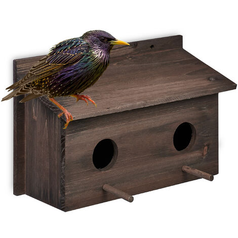 Relaxdays Nesting Box for Starlings, Natural Fir Wood, 2 Entrances Ø5 ...