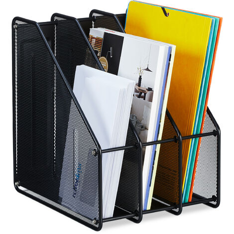 Relaxdays Magazine File A4 3 Compartments Mesh Design 31.5 x 24 x 29 cm Office Tidy Document Holder Metal Black