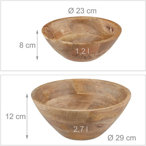 Relaxdays Salad Bowl, Set of 2, Mango Wood, Ø 23 & 29 cm, Round Serving ...