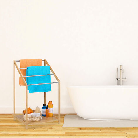 Relaxdays Towel Rail, 4 Bars & Shelf, Bamboo & Metal, HxWxD: 86 x 51 x ...