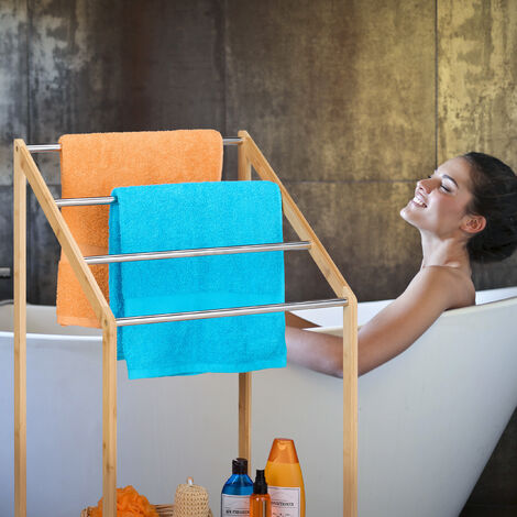 Relaxdays Towel Rail, 4 Bars & Shelf, Bamboo & Metal, HxWxD: 86 x 51 x ...