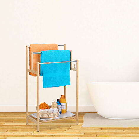 Relaxdays Towel Rail, 3 Bars & Shelf, Bamboo & Metal, HxWxD: 90 x 51 x ...