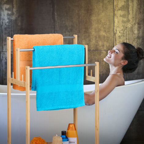 Relaxdays Towel Rail, 3 Bars & Shelf, Bamboo & Metal, HxWxD: 90 x 51 x ...
