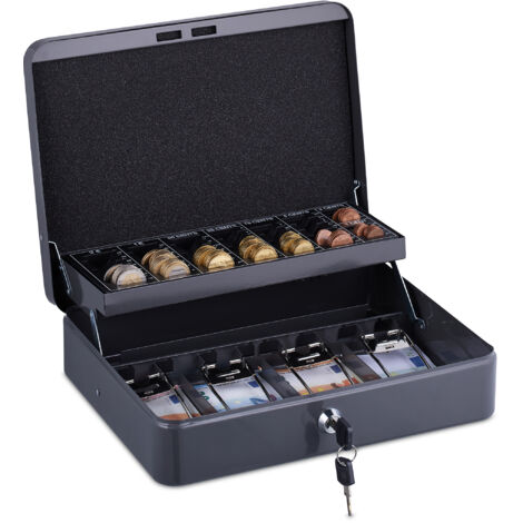 Relaxdays Cash box, lockable, iron, coin counting board & 4 note ...