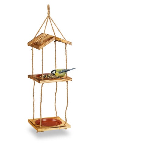 Relaxdays Wooden Bird Feeder, for Hanging, Wild Bird Food Dispenser, 2 ...