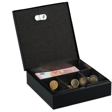 Relaxdays Lockable Cash Box, Removable Insert, 4 Compartments, Money ...