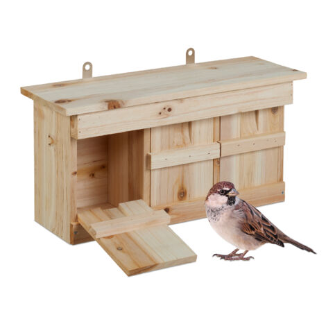Relaxdays Nesting Box for Sparrows, 3 Chambers, Fir Wood, Entrance Hole ...